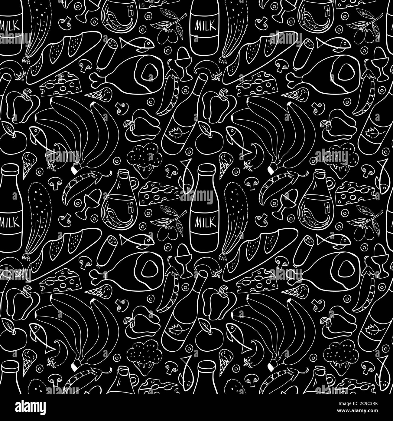 Food hand drawn seamless pattern. Outline cooking ingredients on black ...