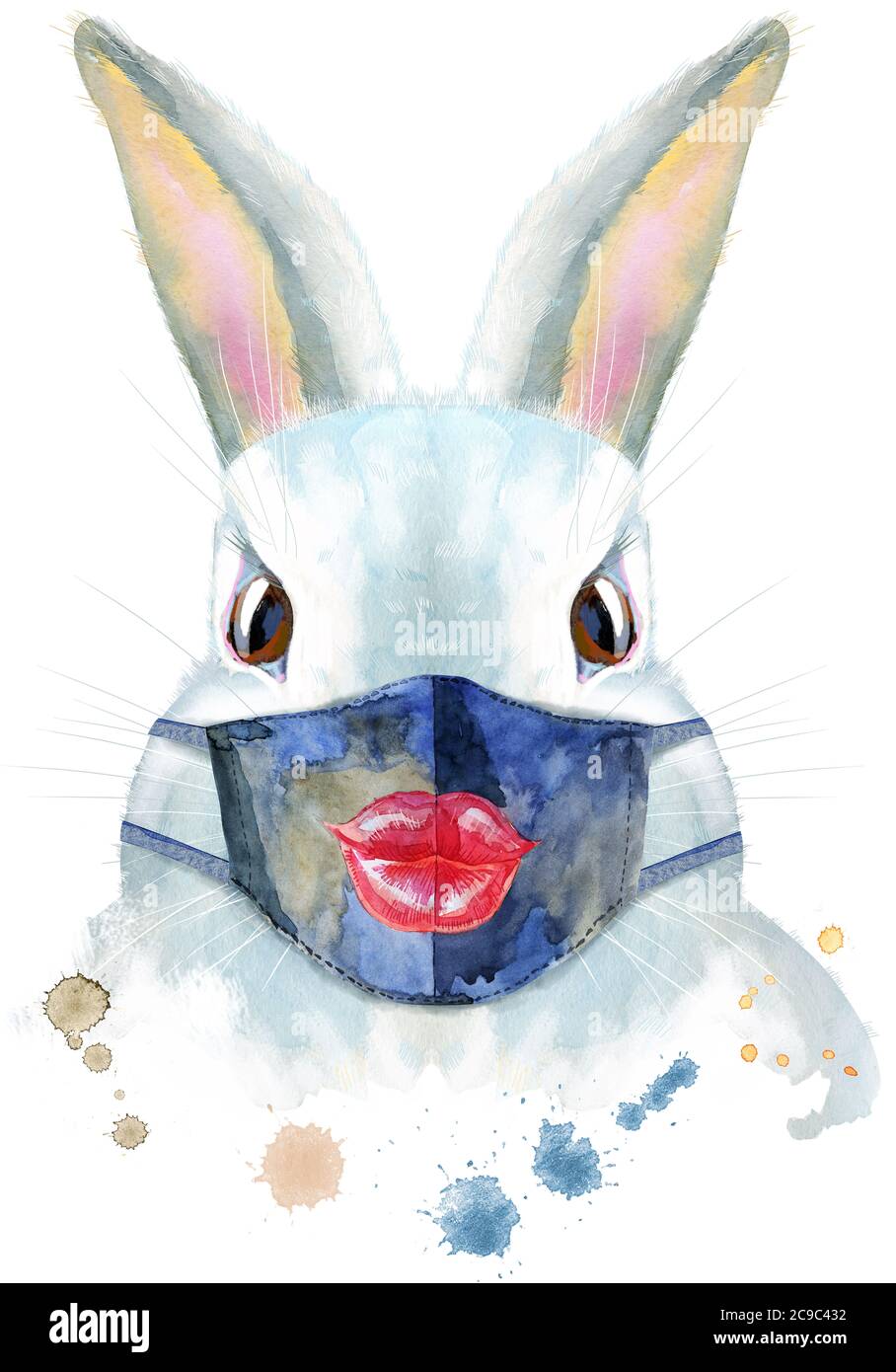 Cute white rabbit in protective mask on white background with splashes ...