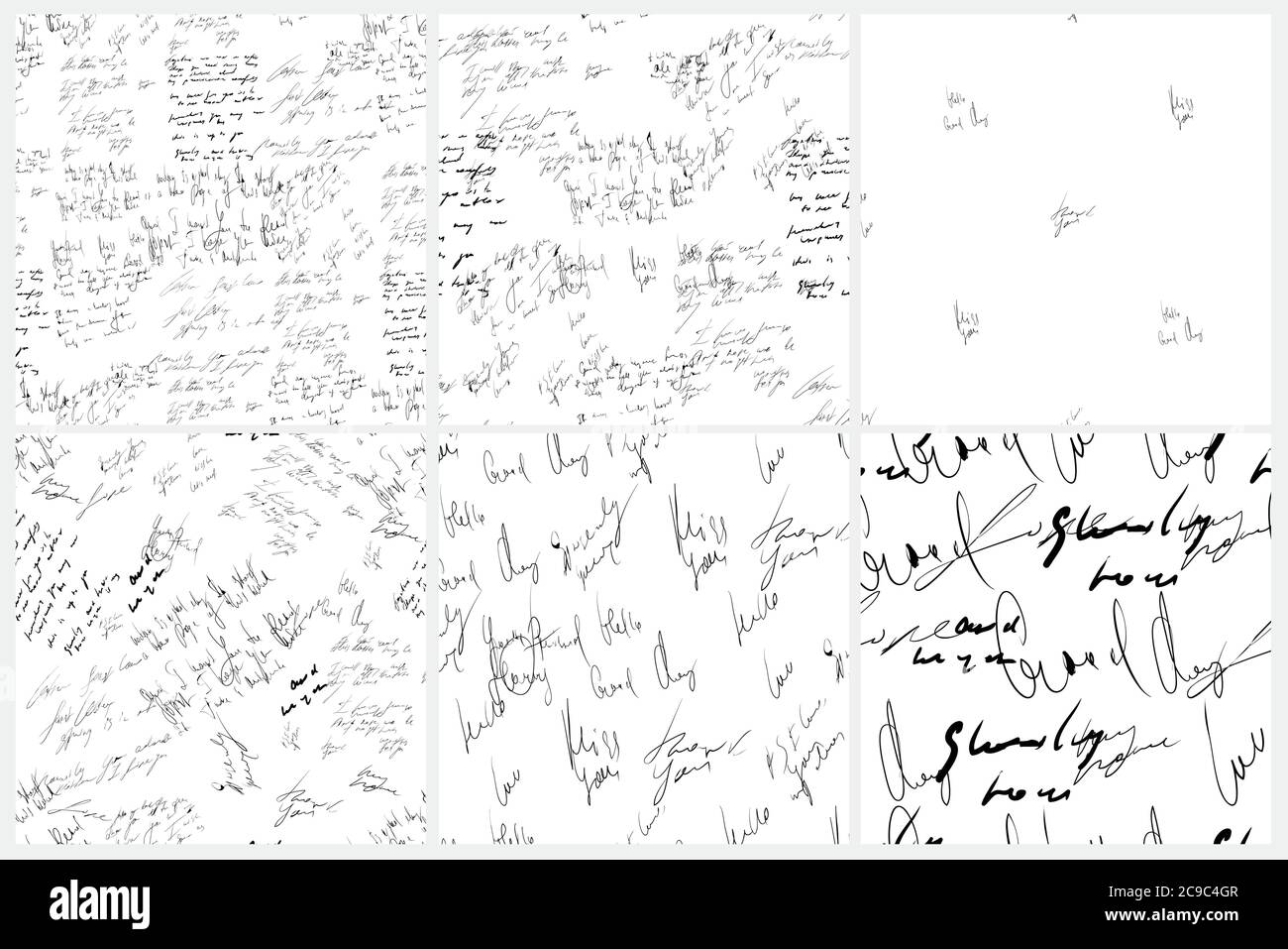 Seamless abstract text pattern set. Handwritten font on a white ...