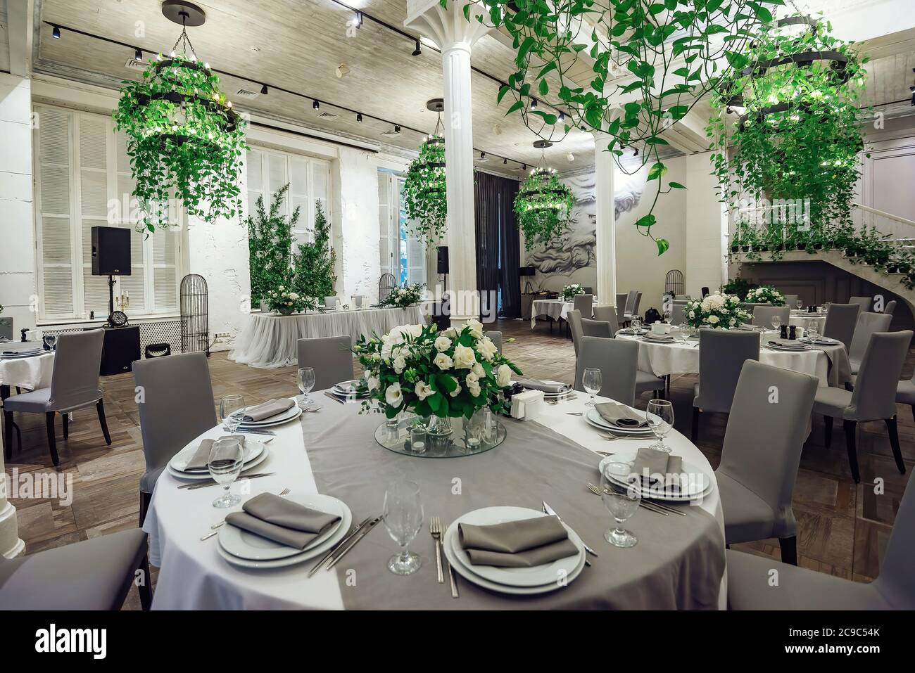Luxury restaurant interior in grey and green tones Stock Photo - Alamy