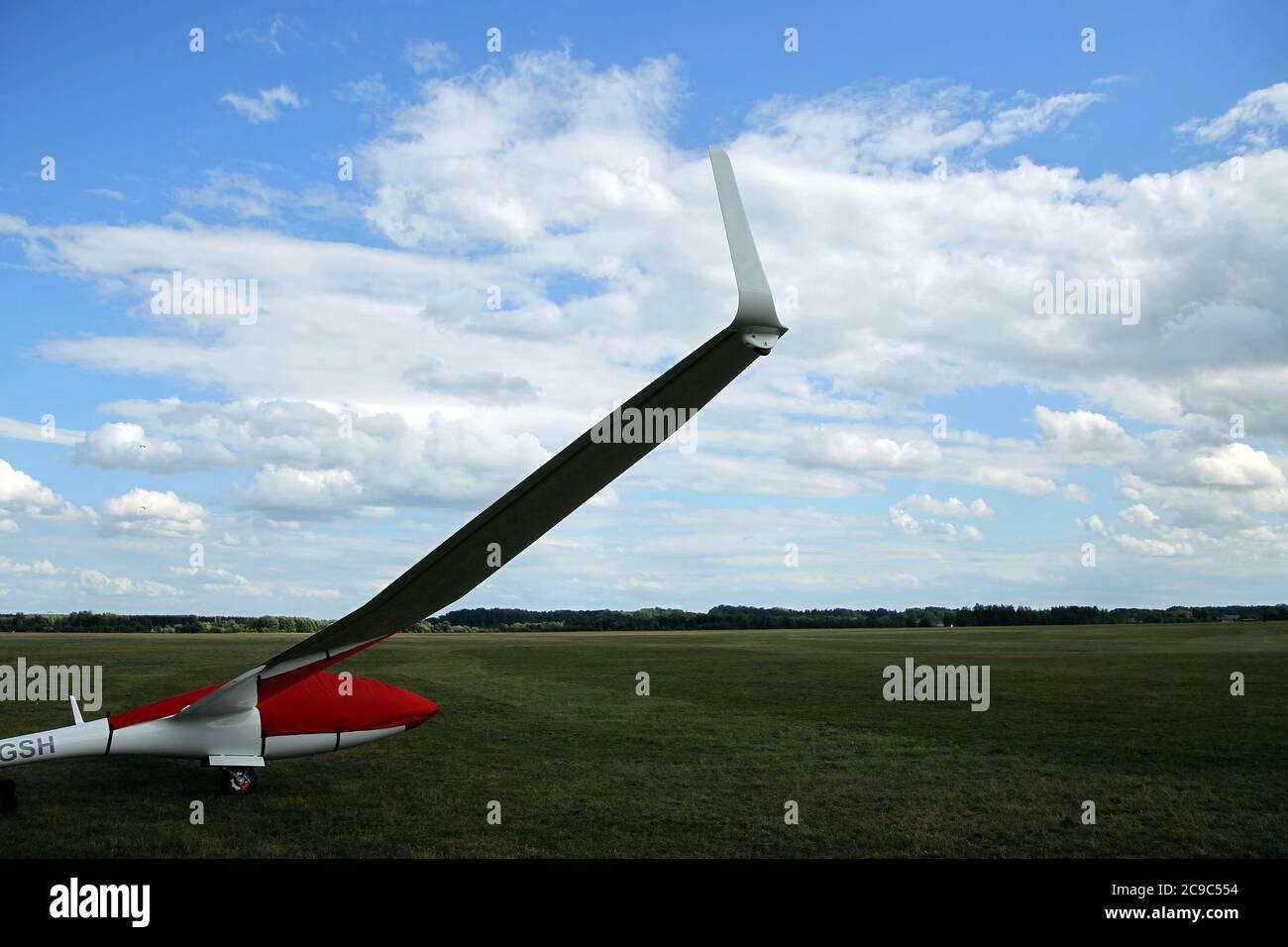 Glider plane standing on grass airport runway, at Pociunu airport ...