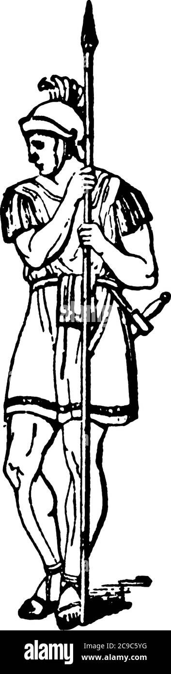 A Roman soldier with weapons and holding an arrow in his hands, vintage ...