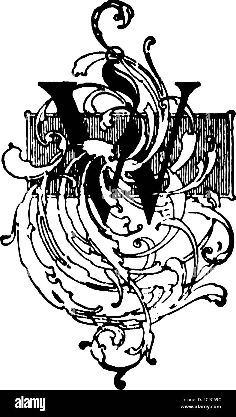 A decorate of W oriented Design, vintage line drawing or engraving ...