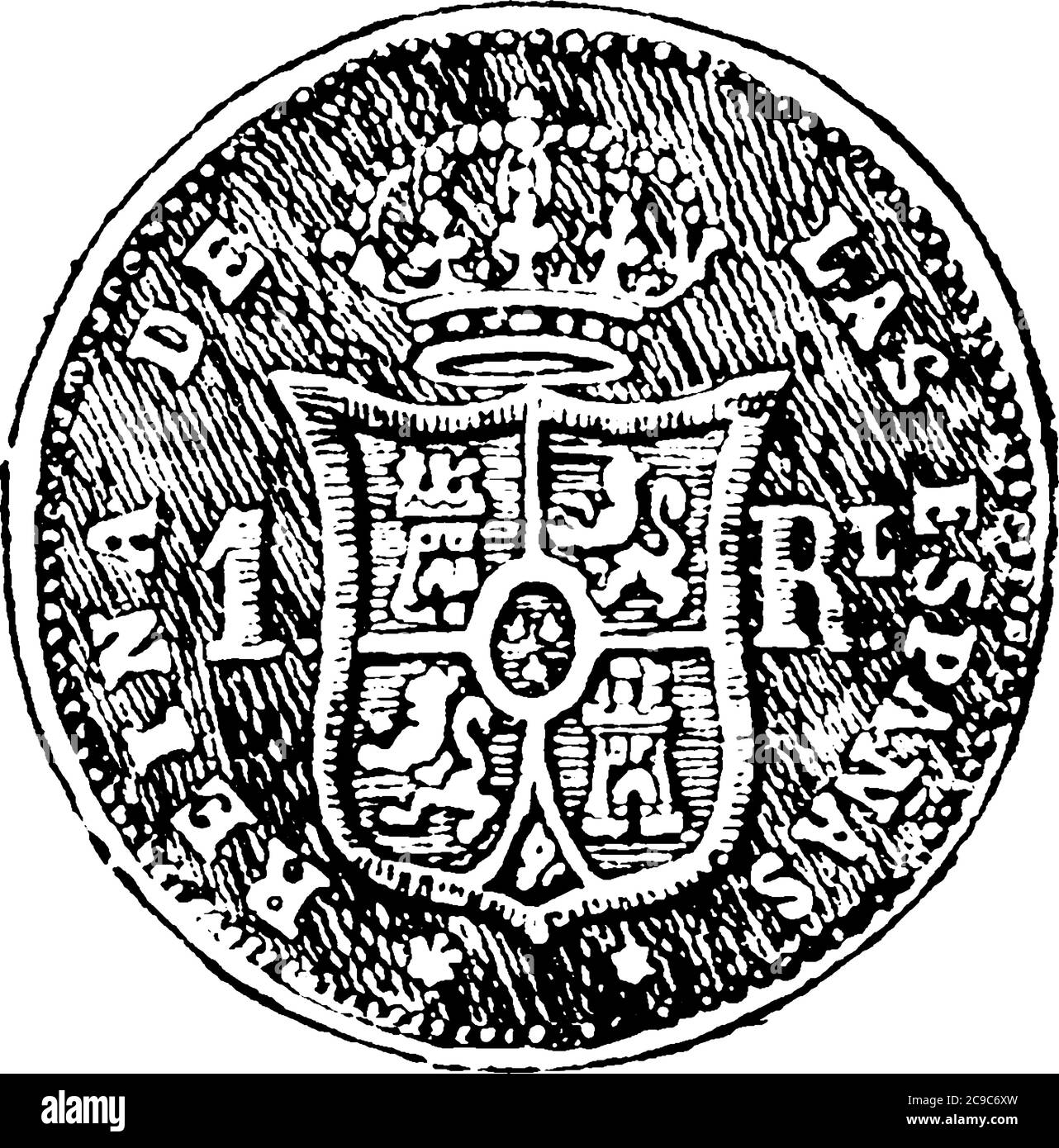 The back side of a Spanish real of Isabella II, vintage line drawing or ...