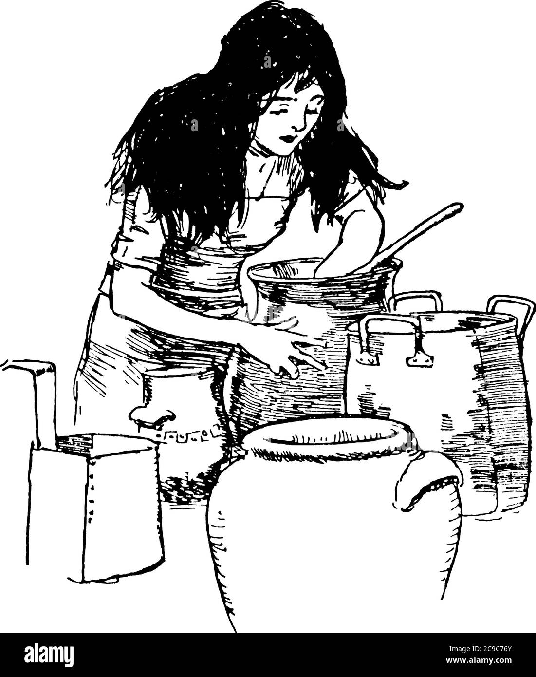 A typical representation of a poor servant in loose hair, sitting and ...