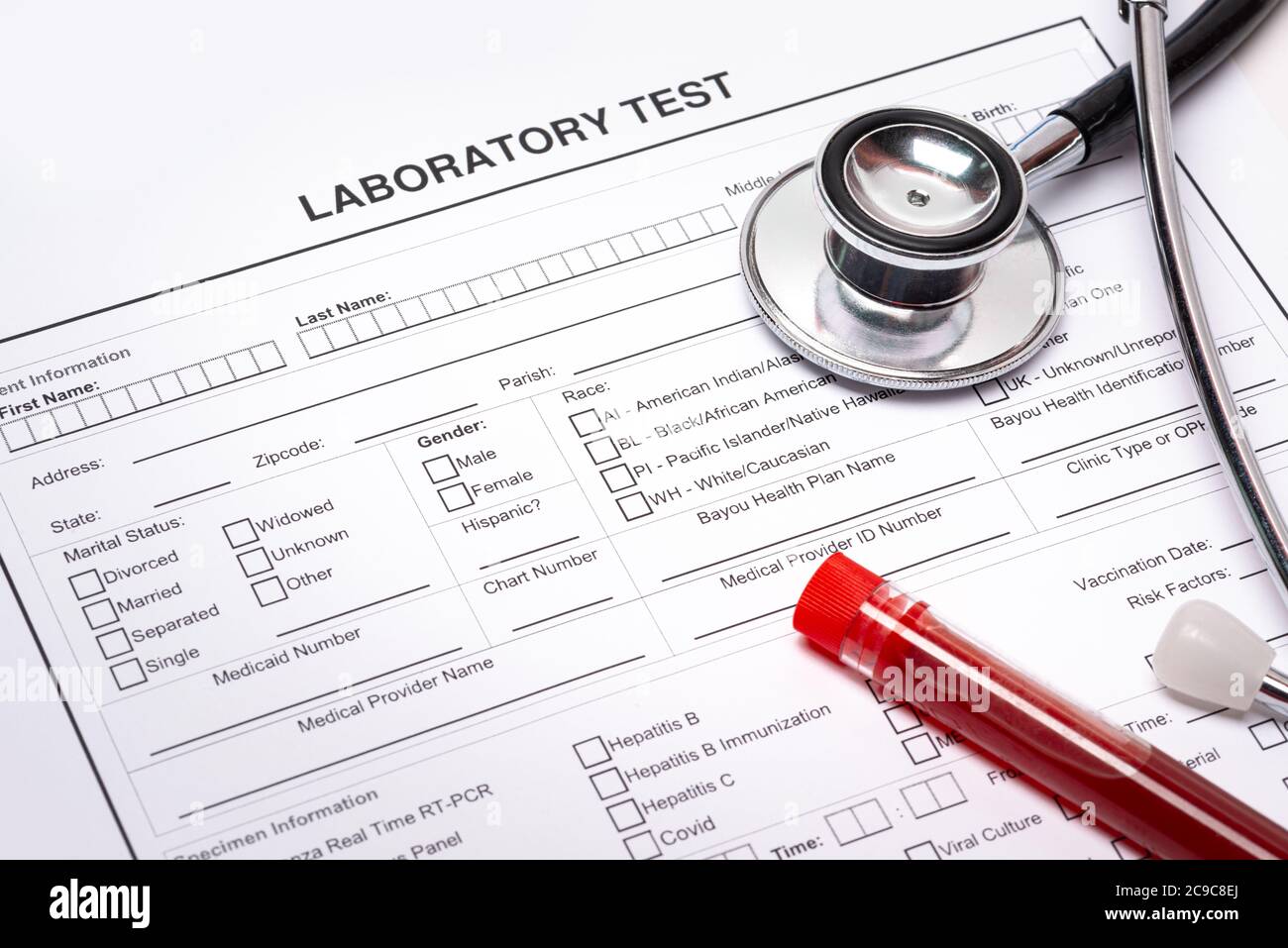 Laboratory test form to fill, full blood test and stetoscope Stock ...