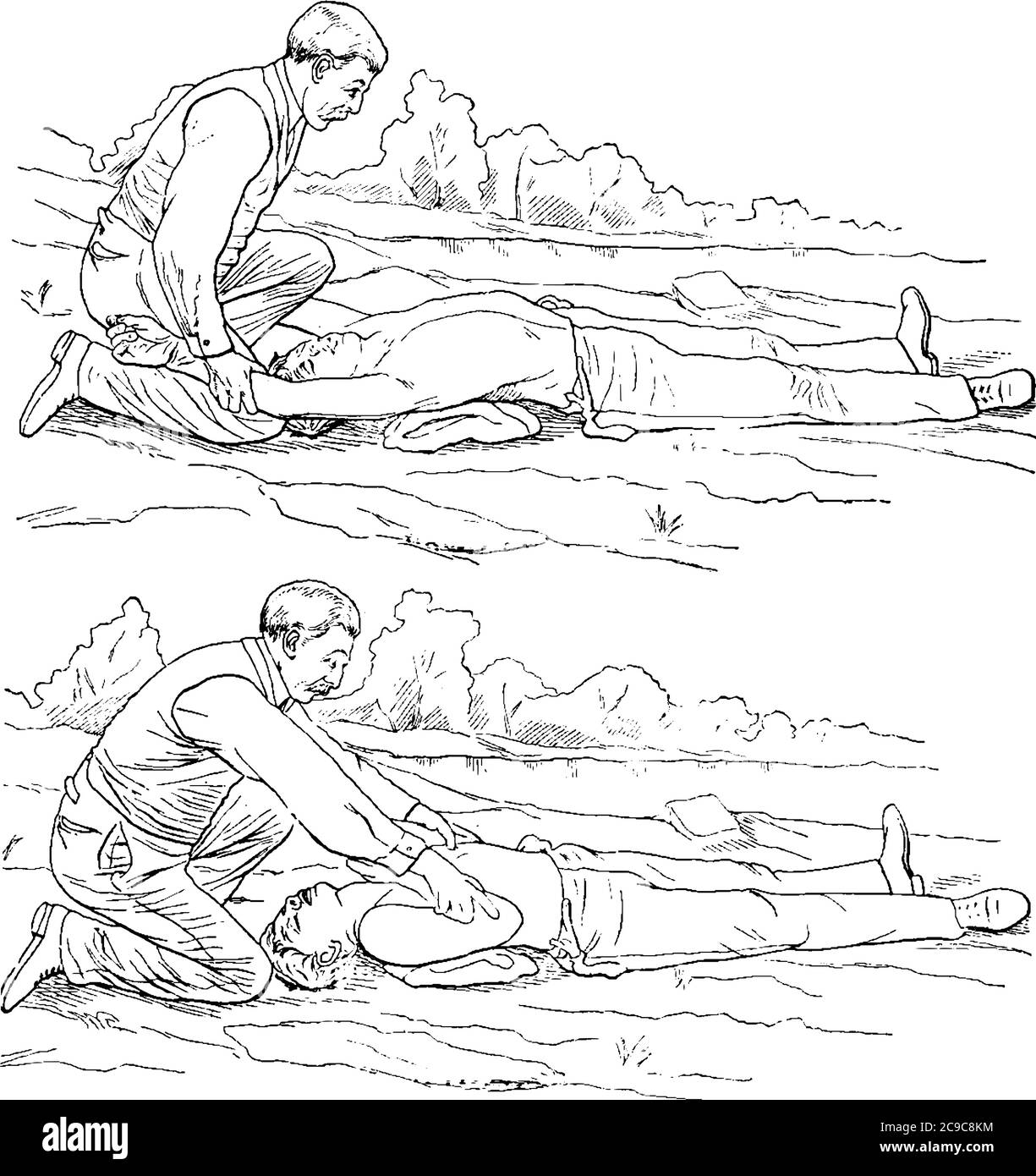 A man helping other man with exercise by stretching his arms, vintage ...