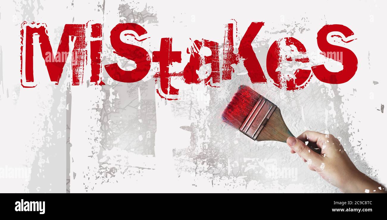MISTAKES with paintbrush in woman hand. Business decisions mistake ...