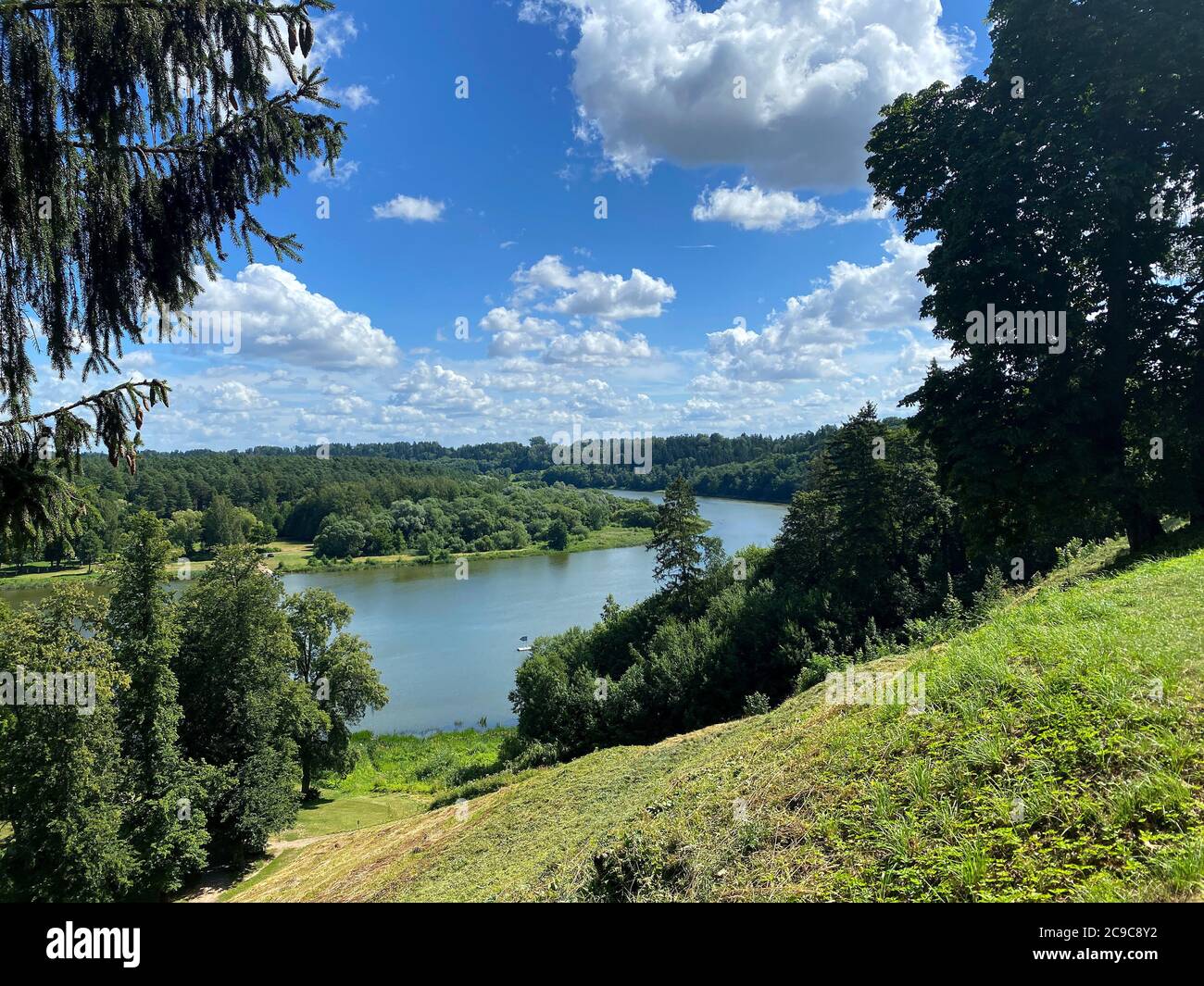Beautiful green riverbank of Nemunas river in Birstonas, Lithuania ...