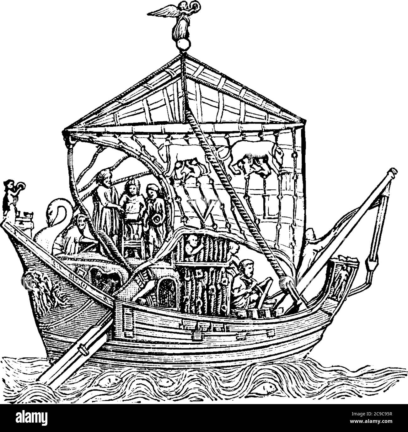 A trading ship with different people, vintage line drawing or engraving ...