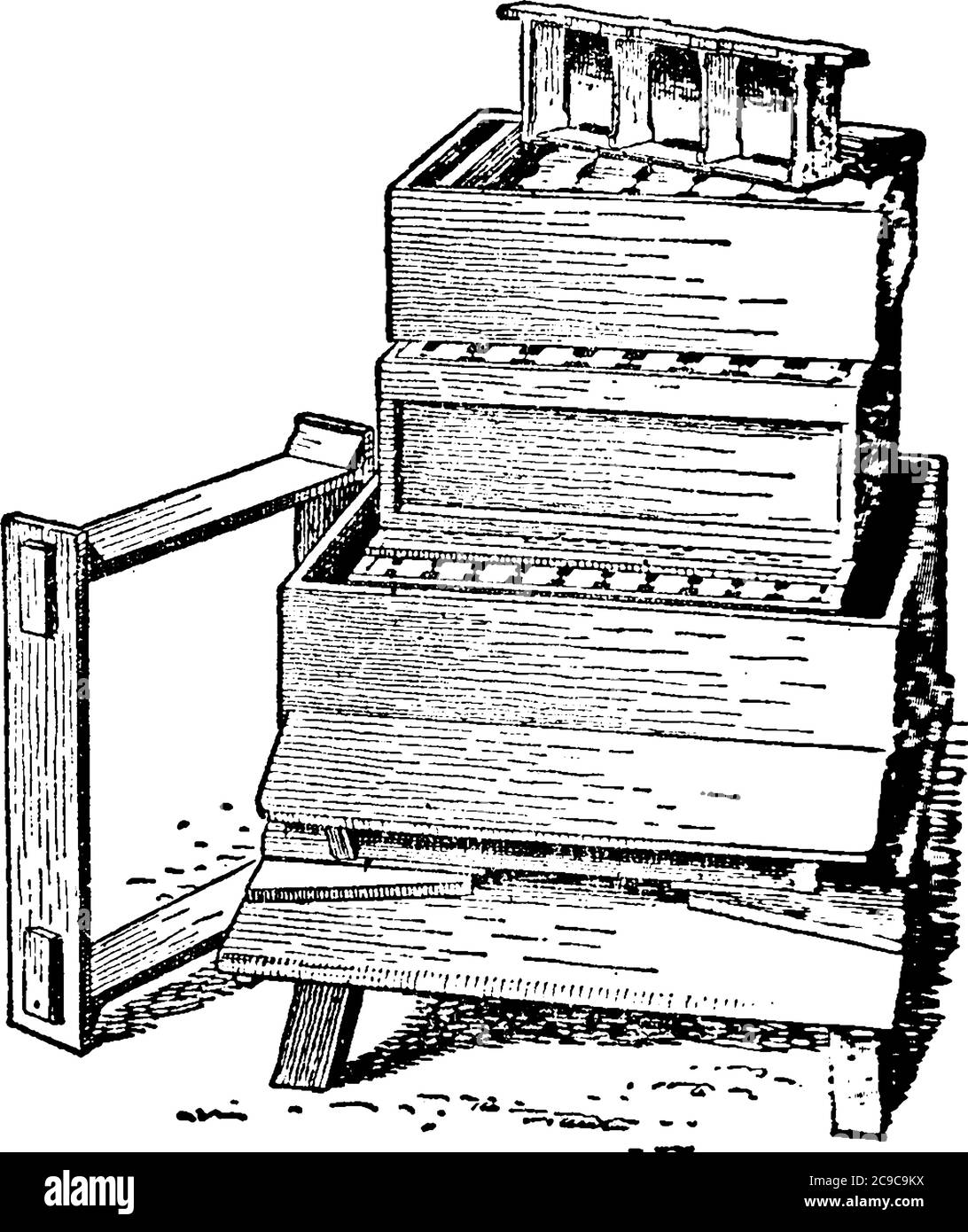 The interior of a W.B.C. Hive, a double-skinned hive that consists of a ...