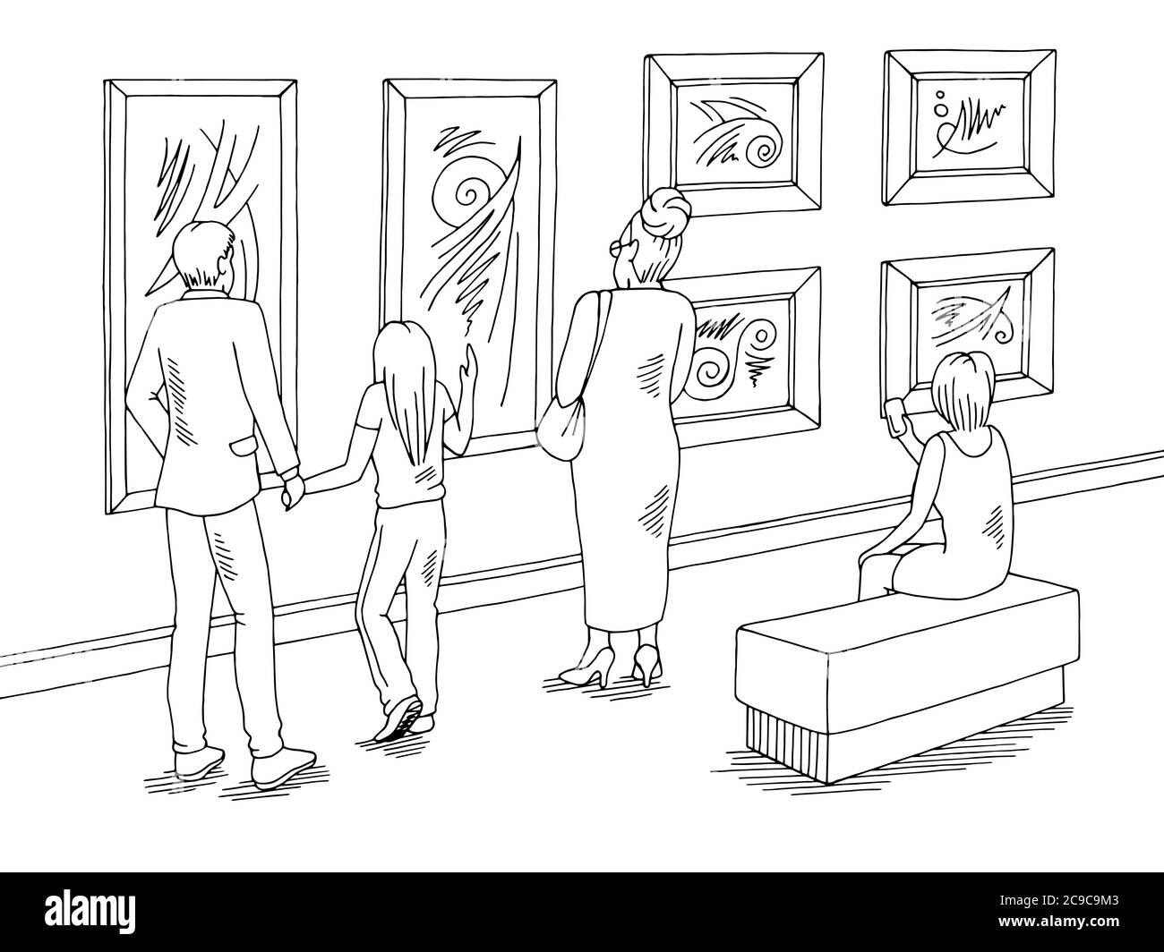 Museum interior graphic black white sketch illustration vector Stock ...