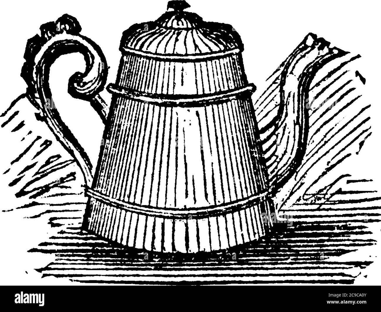 A Teapot designed with handle to hold the pot, vintage line drawing or ...