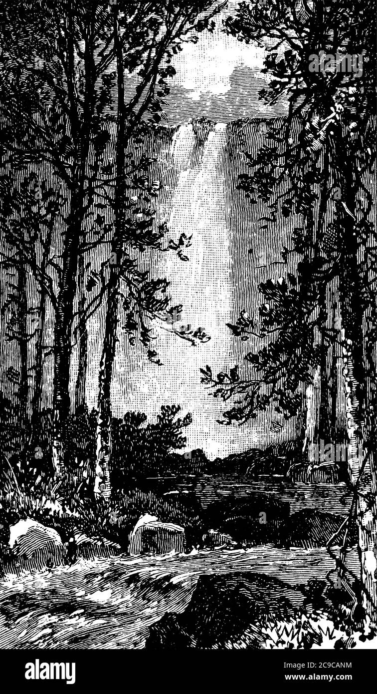 A scenic view of the water flowing over a vertical drop, vintage line ...