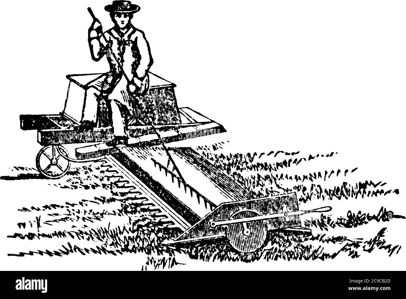 A man operating, Hussey's Reaping-machine, the cutting part, vintage ...