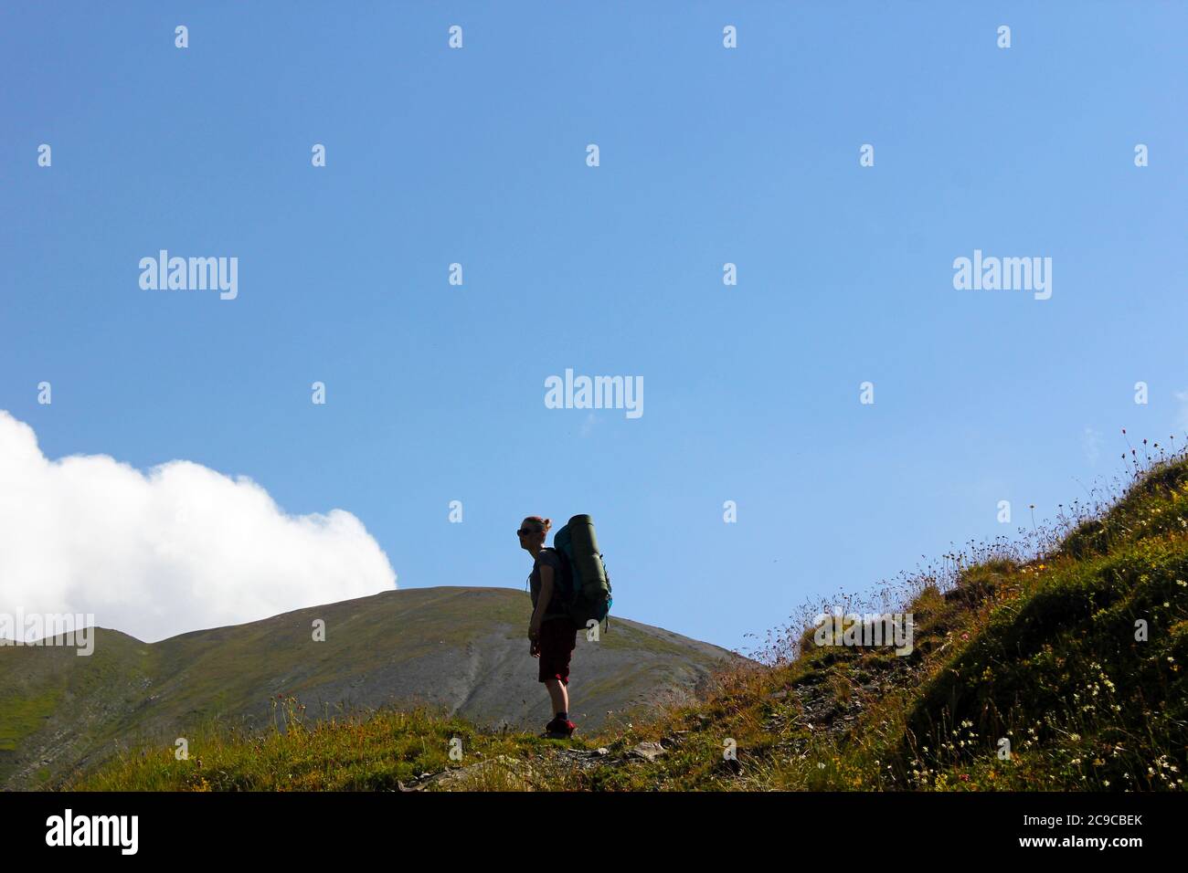 Hiker on the mountain landscape background, young girl backpacker in ...