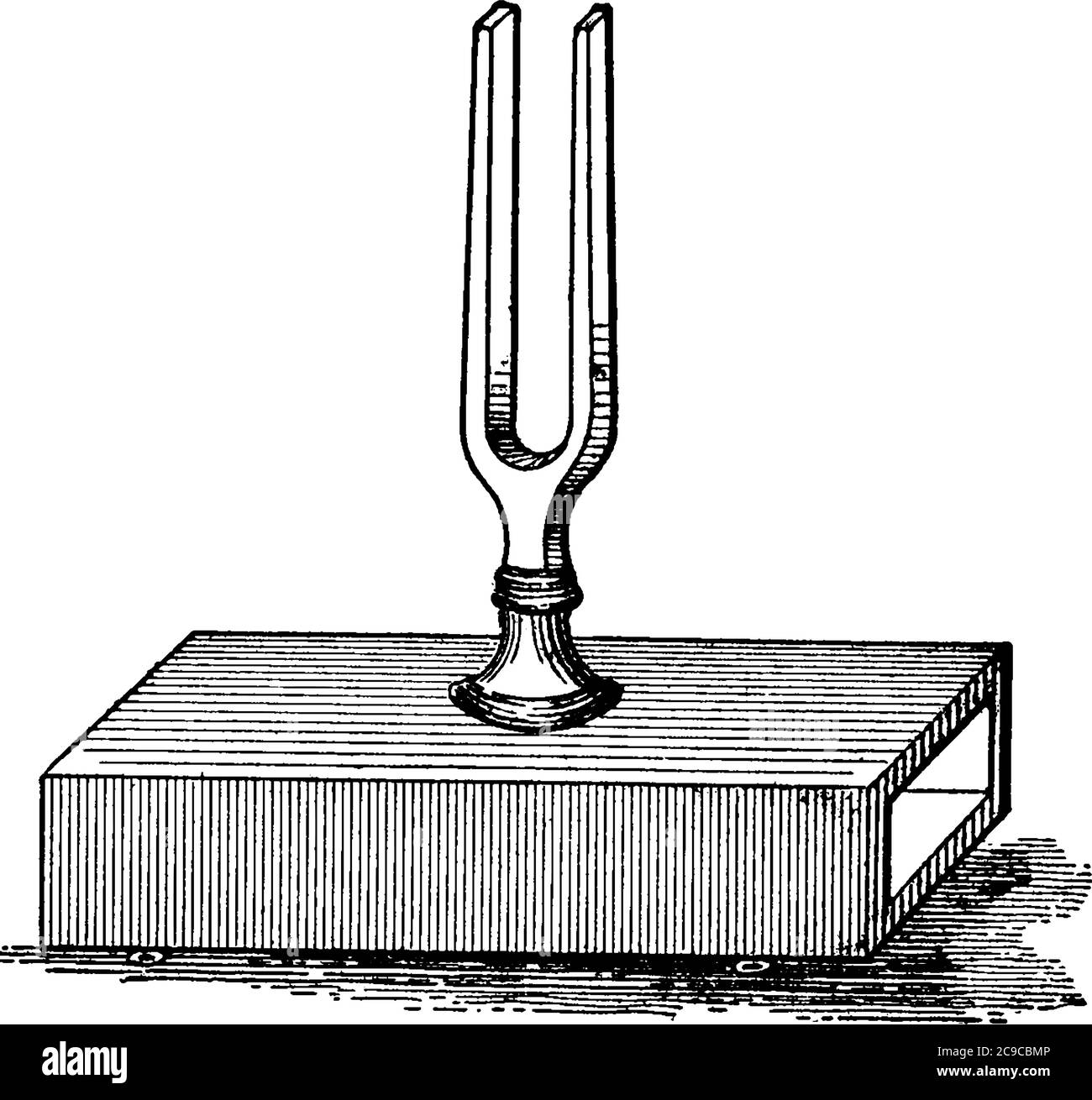 A tuning fork on top of a box, vintage line drawing or engraving ...