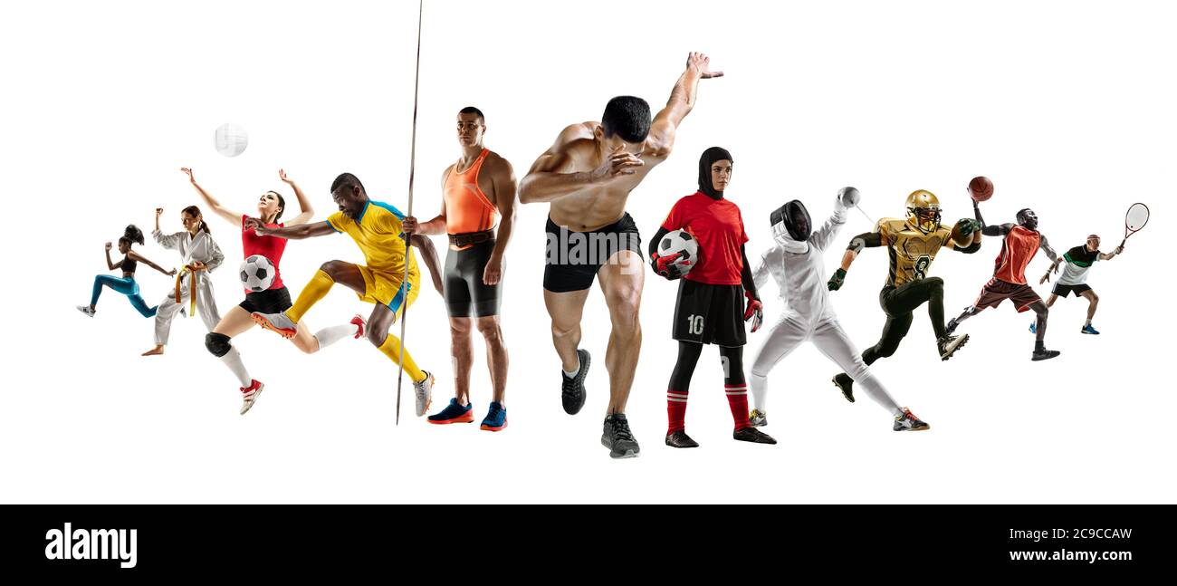 Sport collage of professional athletes or players isolated on white ...