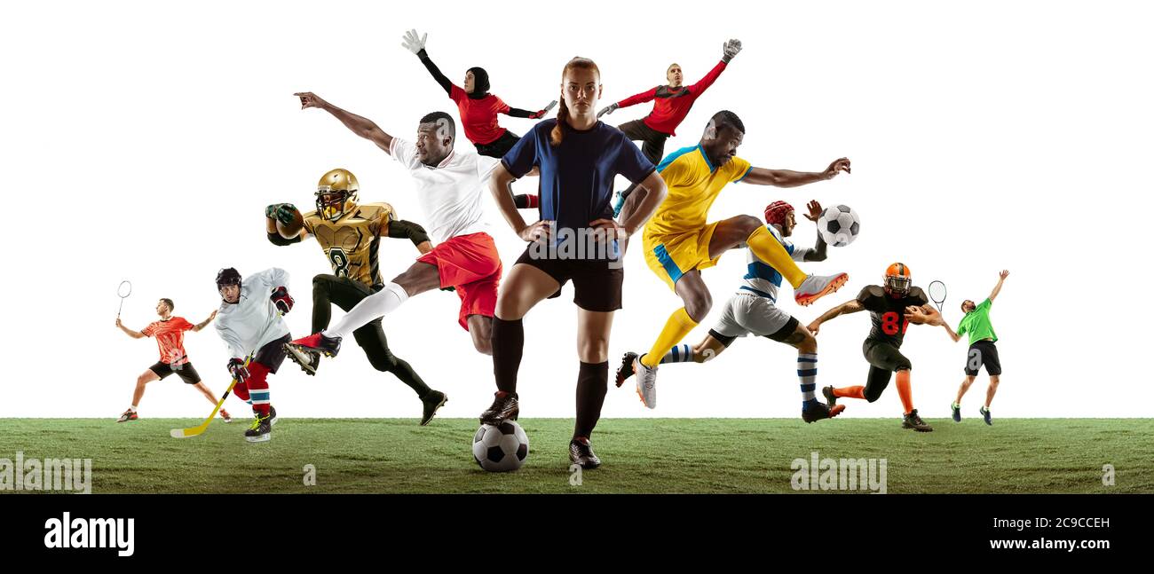 Sport collage of professional athletes or players isolated on white ...
