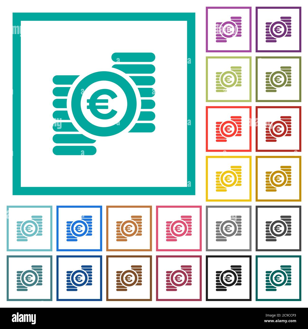 Euro coins flat color icons with quadrant frames on white background ...