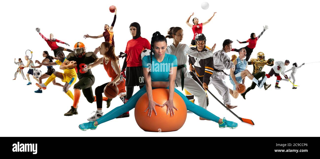 Sport collage of professional athletes or players isolated on white ...