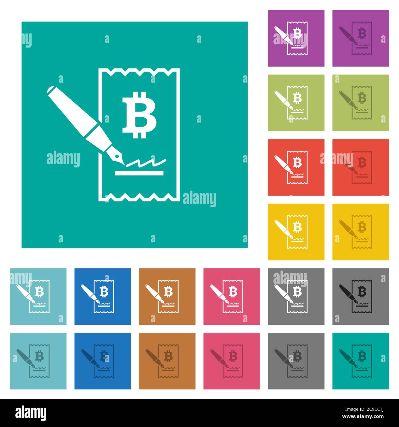 Signing Bitcoin cheque multi colored flat icons on plain square ...
