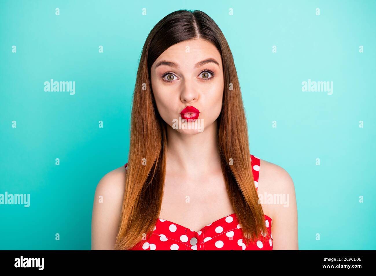 Photo portrait of pretty lady with pouted lips sending you a kiss ...