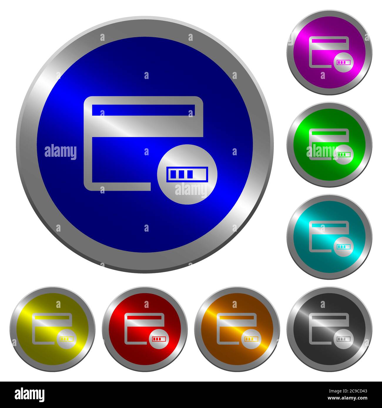 Verifying credit card icons on round luminous coin-like color steel ...