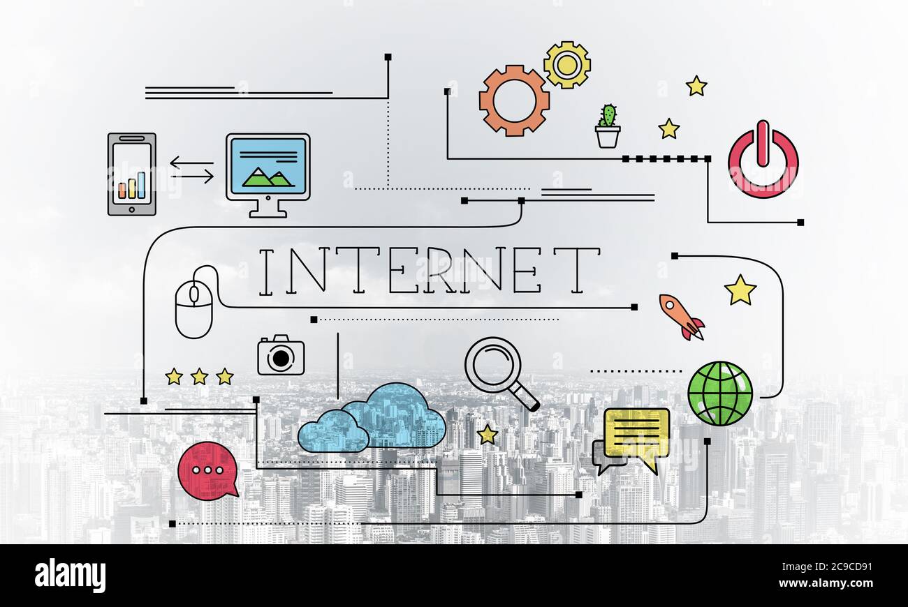 Internet connection sketch with media signs Stock Photo - Alamy