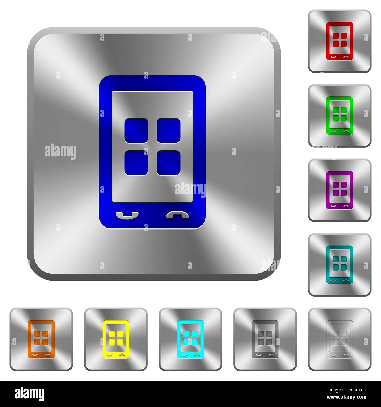 Mobile applications engraved icons on rounded square glossy steel ...
