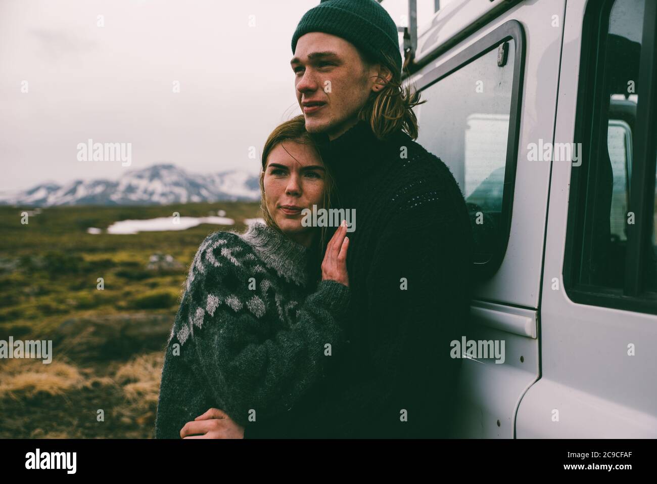 Couple making a wanderlust vacation, exploring iceland with their 4x4 ...