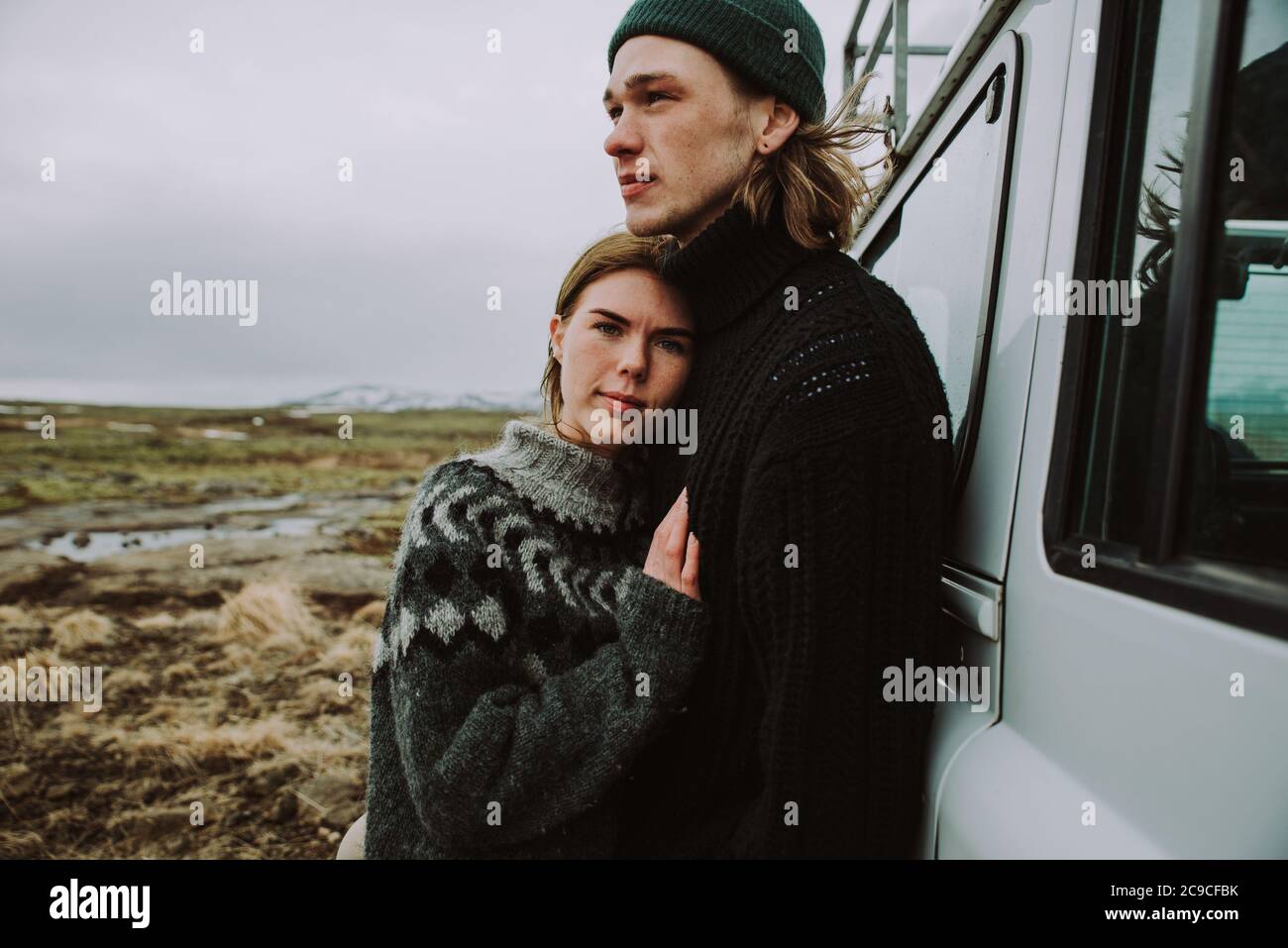 Couple making a wanderlust vacation, exploring iceland with their 4x4 ...