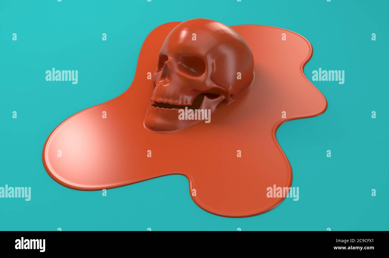 A sylised concept of a melting red human skull into a puddle of liquid ...