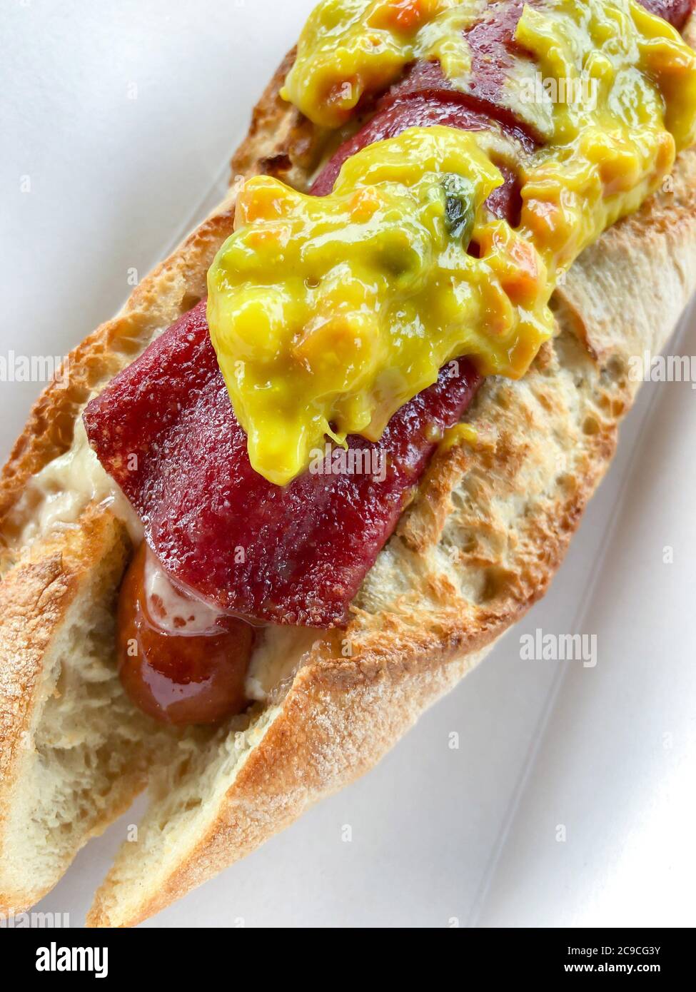 closeup home made a hot dog sandwich on plate Stock Photo - Alamy