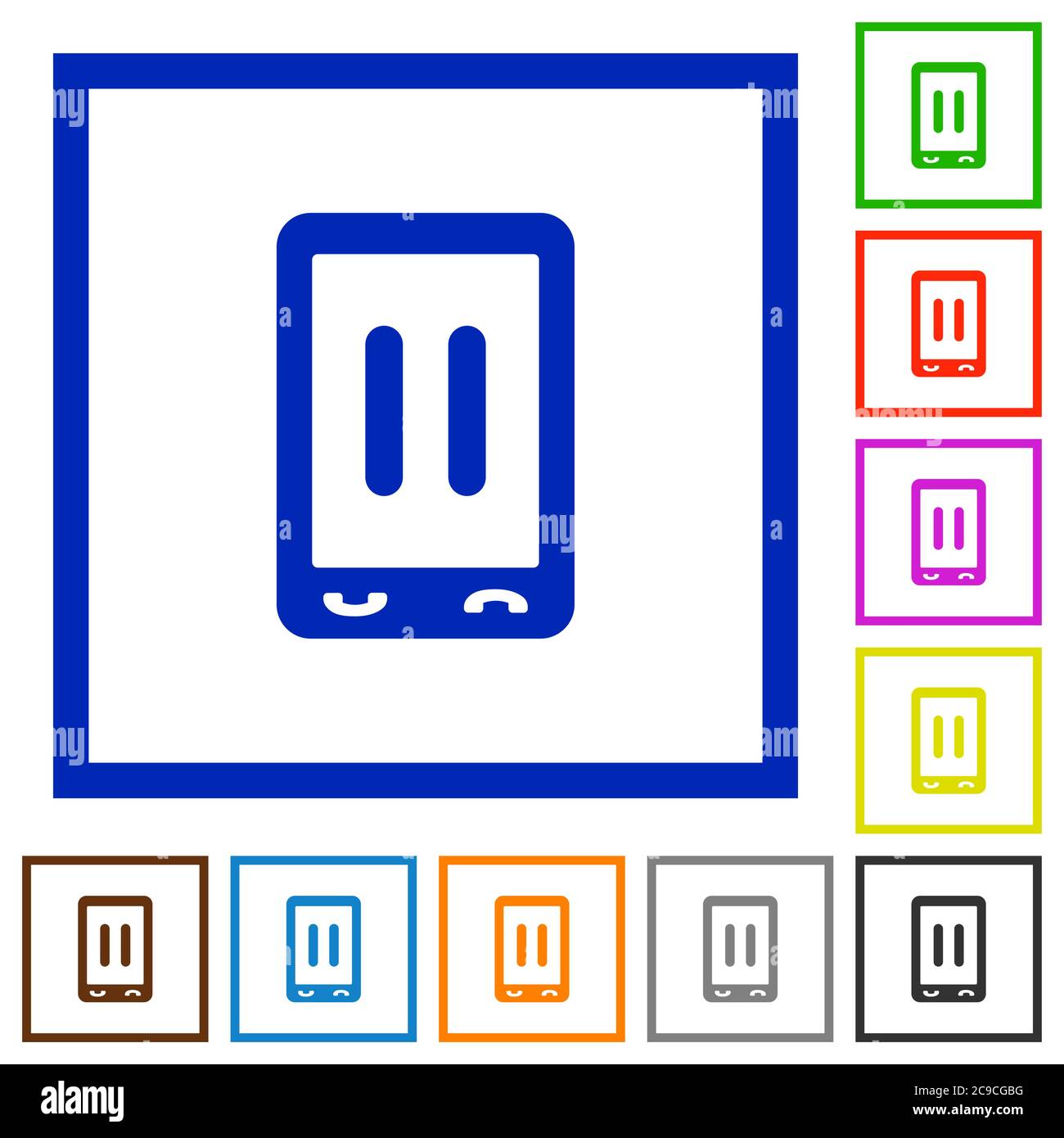 Mobile media pause flat color icons in square frames on white ...