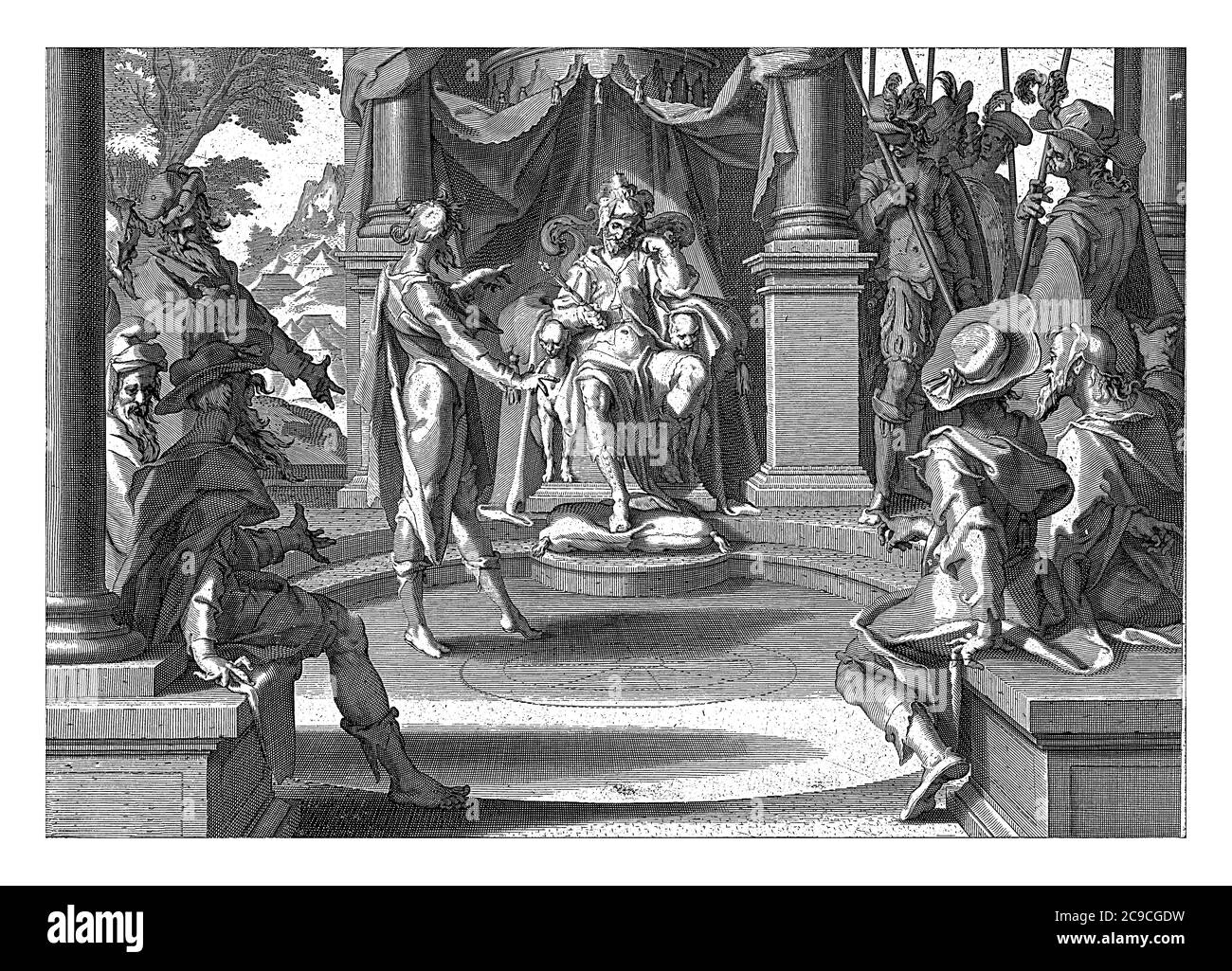 Alexander the Great sits as judge on his throne in a round courtroom ...
