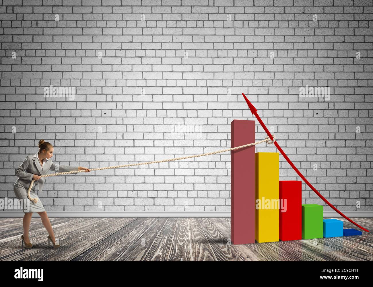 Businesswoman pulling graph with rope as symbol of power and control ...