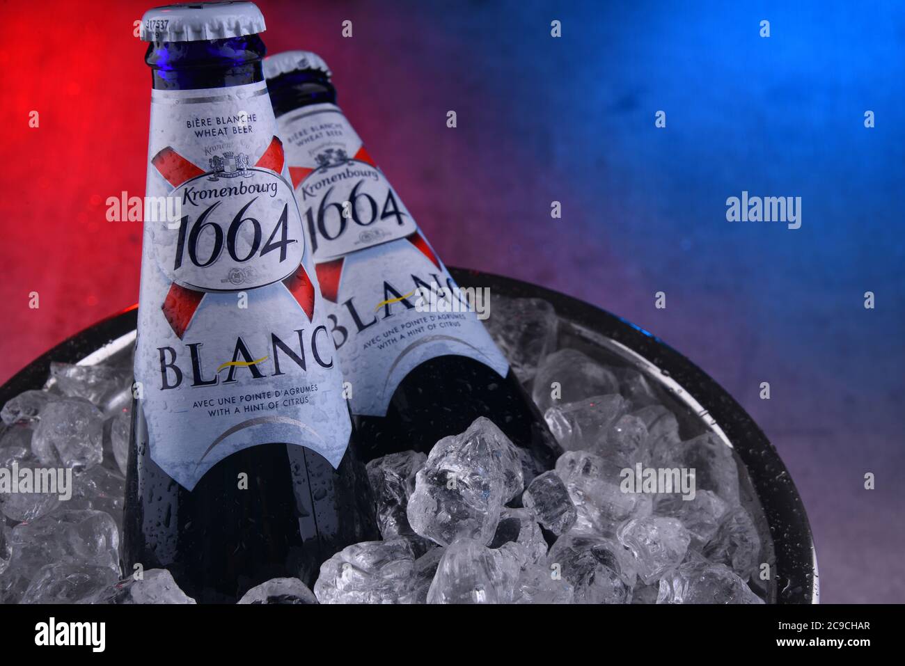 POZNAN, POL - JUL 01, 2020: Bottles of Kronenbourg 1664 Blanc beer ...