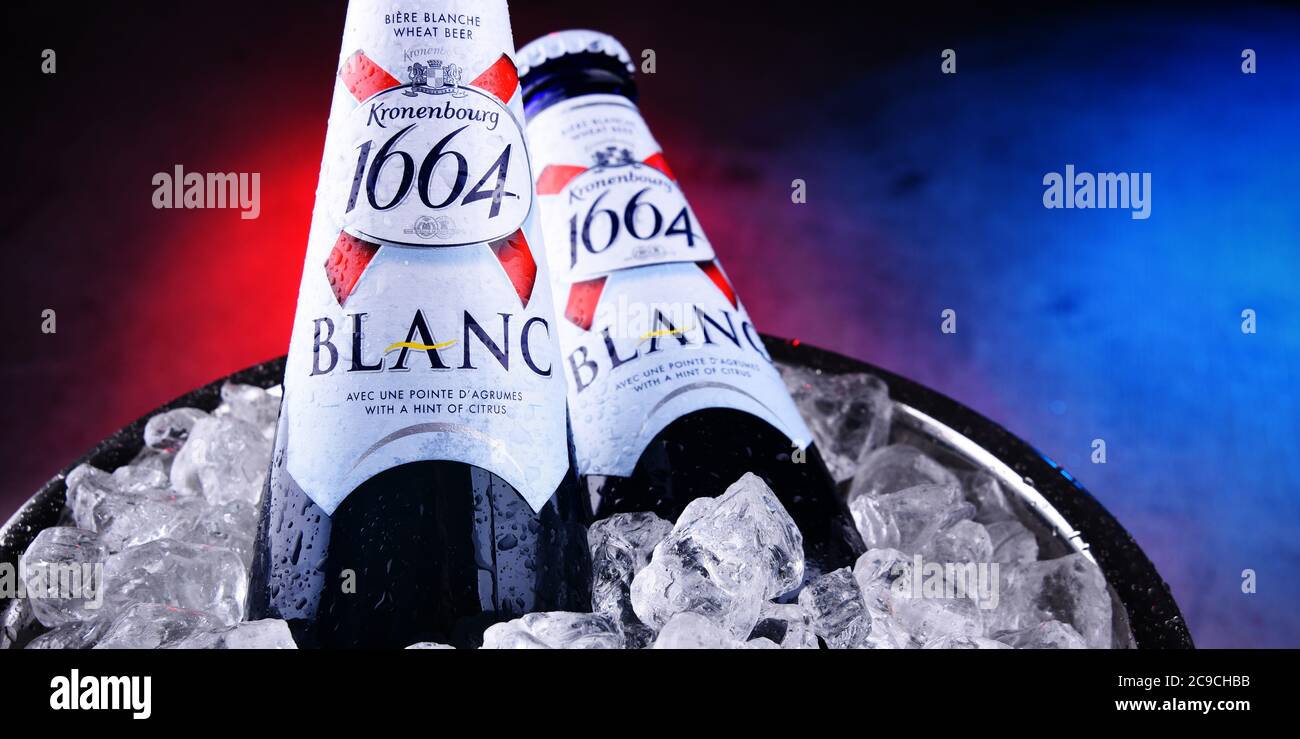 POZNAN, POL - JUL 01, 2020: Bottles of Kronenbourg 1664 Blanc beer ...