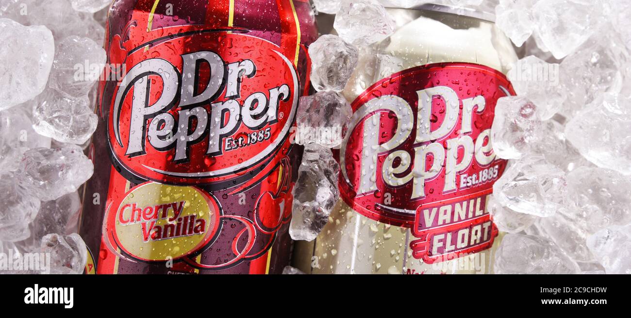 POZNAN, POL - JUL 02, 2020: Two cans of Dr Pepper, a carbonated soft ...