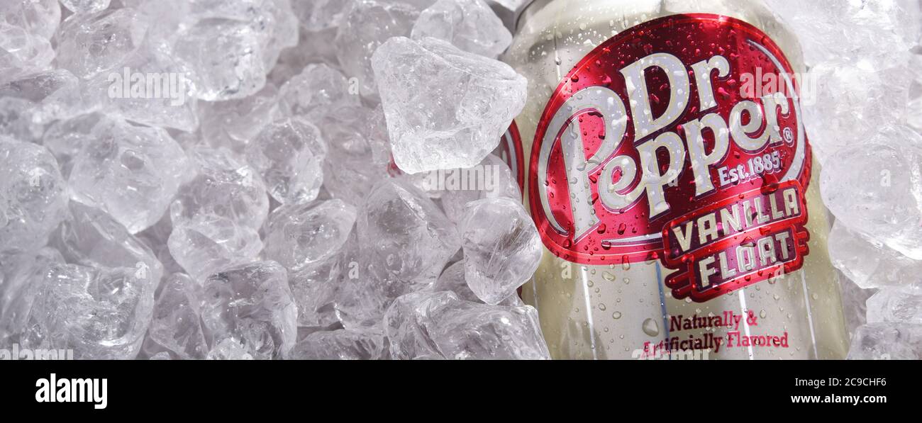 POZNAN, POL - JUL 02, 2020: Can of Dr Pepper, a carbonated soft drink ...