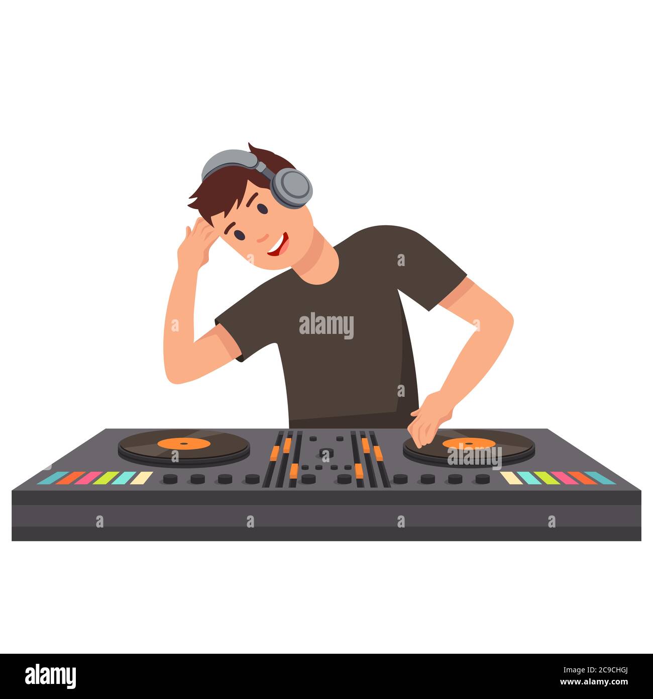 Young man in black shirt is DJing at the club, playing music, nightclub ...