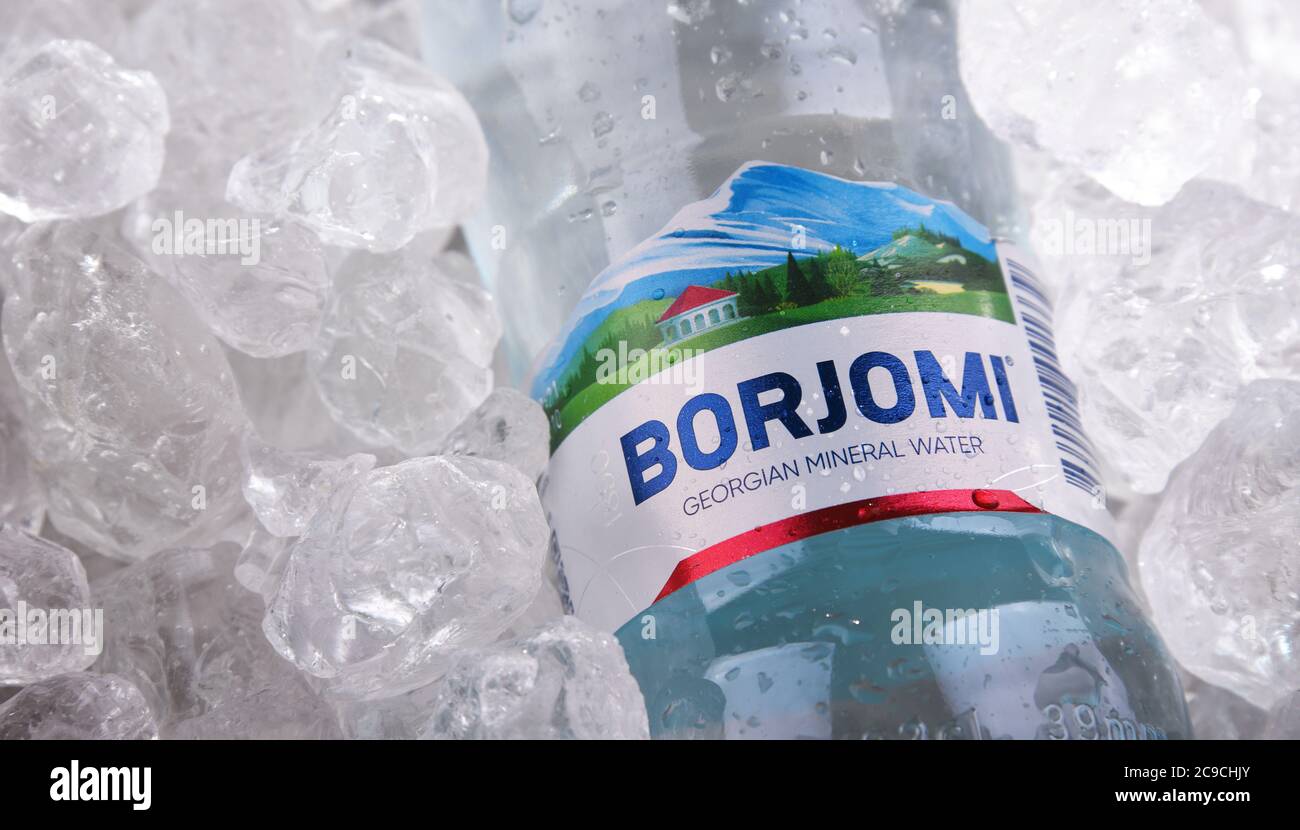 POZNAN, POL - JUL 02, 2020: Bottle of Borjomi, a brand of naturally ...