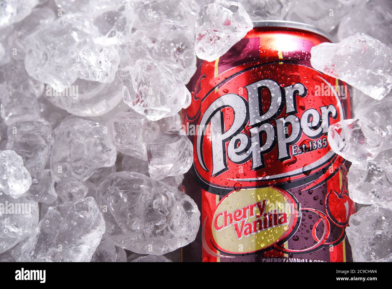 POZNAN, POL - JUL 02, 2020: Can of Dr Pepper, a carbonated soft drink ...
