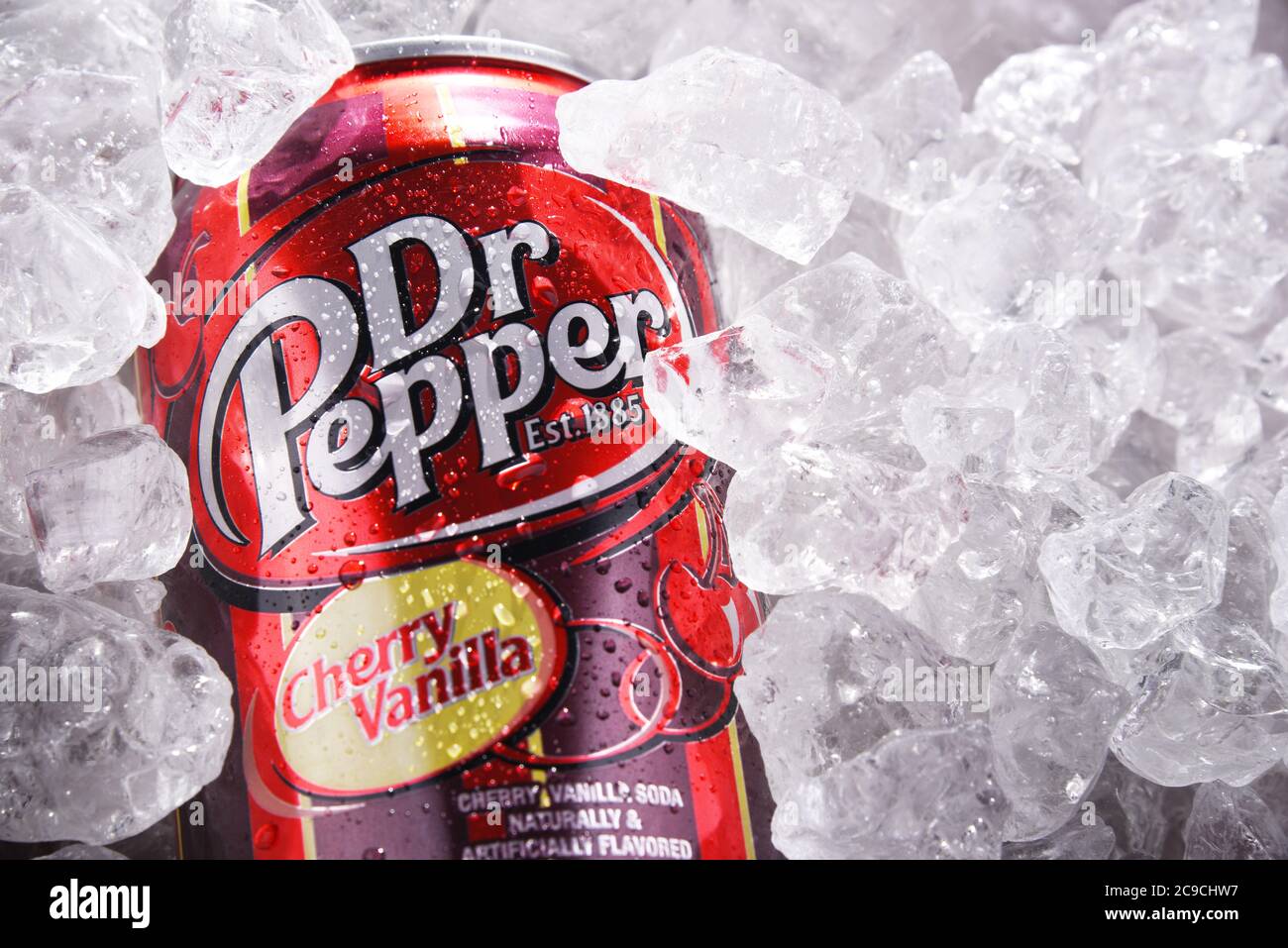 POZNAN, POL - JUL 02, 2020: Can of Dr Pepper, a carbonated soft drink ...