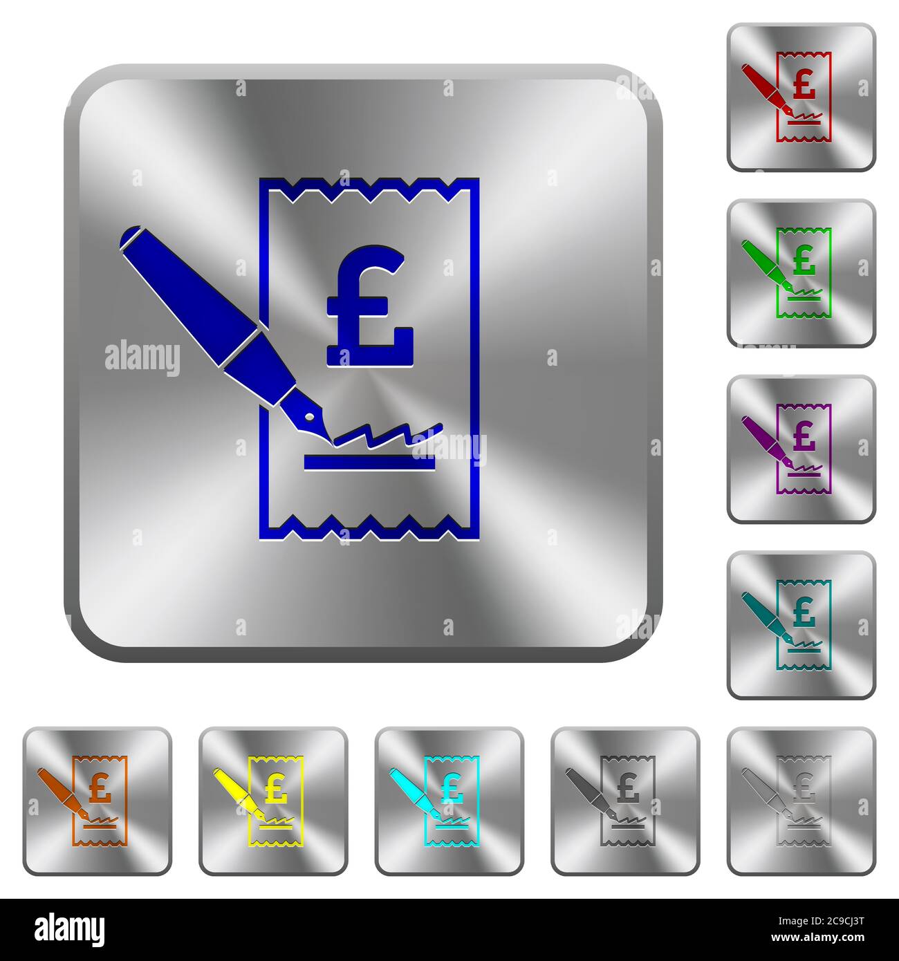 Signing Pound cheque engraved icons on rounded square glossy steel ...