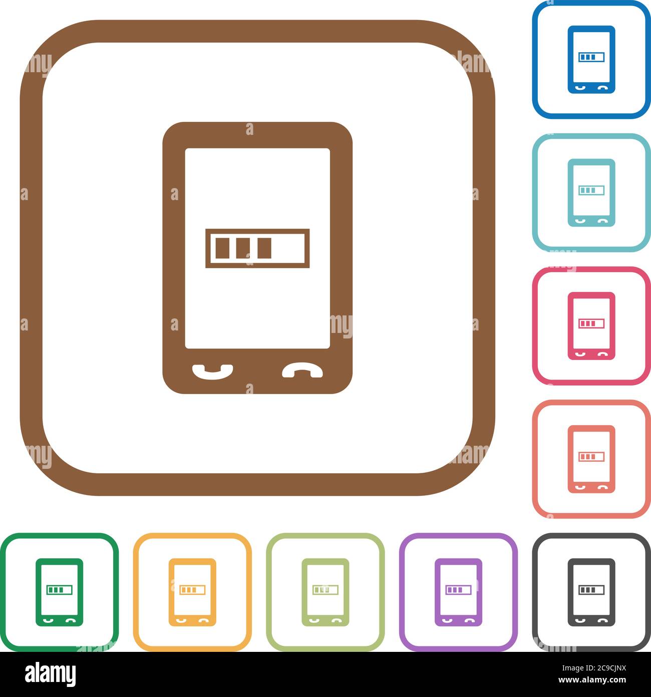 Mobile processing simple icons in color rounded square frames on white ...