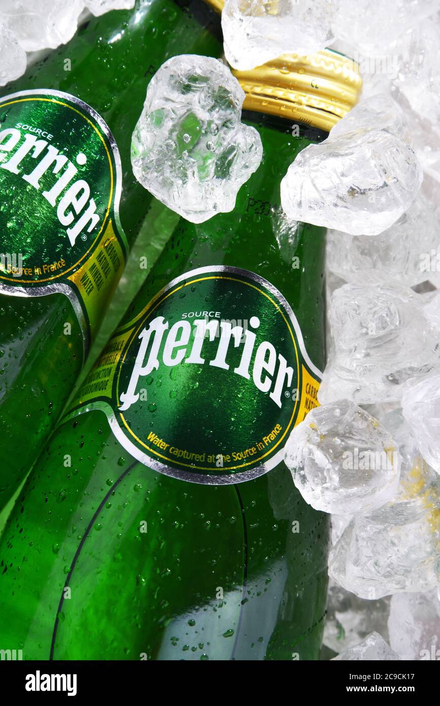 POZNAN, POL - JUN 18, 2020: Bottles of Perrier, a French brand of ...