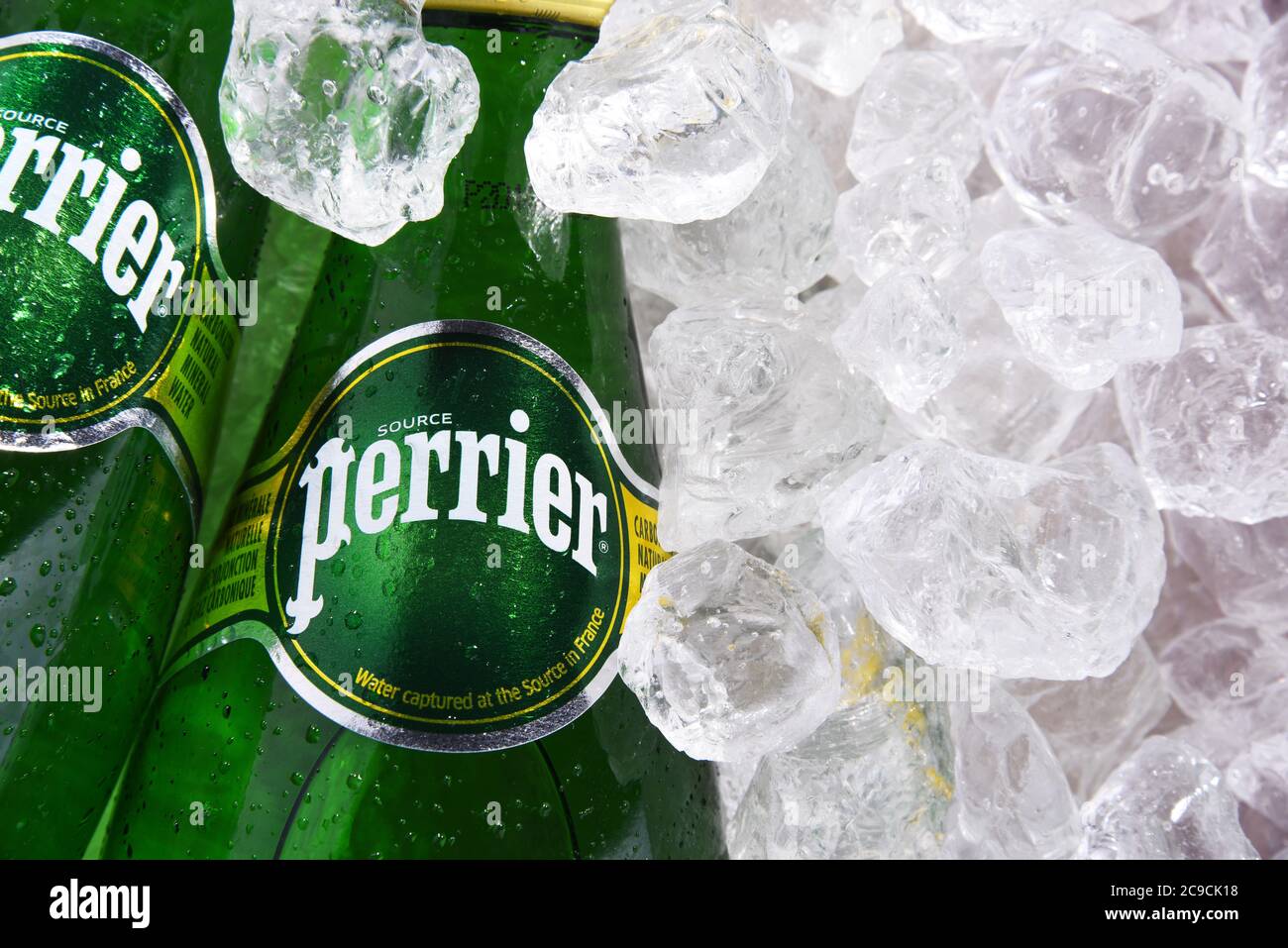 POZNAN, POL - JUN 18, 2020: Bottles of Perrier, a French brand of ...