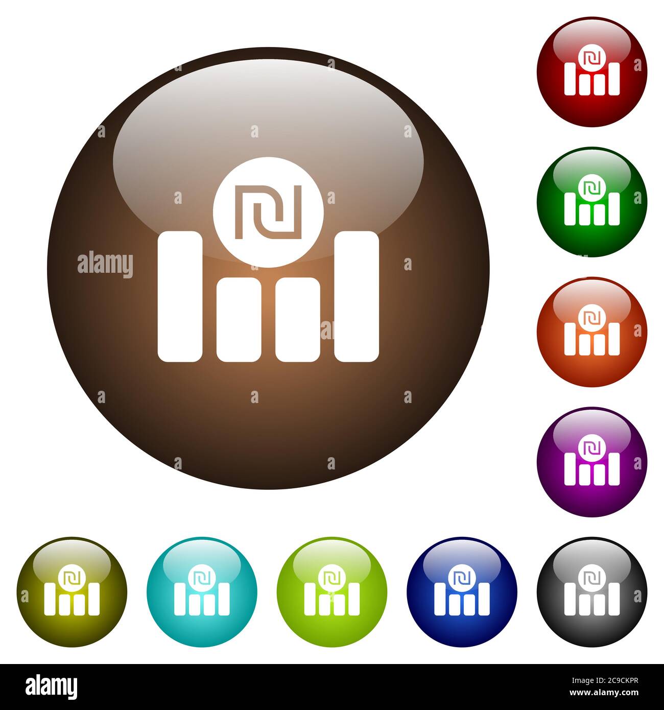 Israeli new Shekel financial graph white icons on round color glass ...